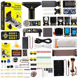 keyestudio complete starter kit for bbc micro:bit stem, 45 projects tutorial, compatible with microbit v2.2 v1.5 (not included), t-type breakout board electronic component kit for beginners