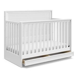 storkcraft luna 5-in-1 convertible crib with drawer (white) – greenguard gold certified, crib with drawer combo, full-size nursery storage drawer, converts to toddler bed, daybed and full-size bed