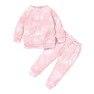 happyma toddler baby girl pants sets solid color long sleeve blouse top + pants fall outfits 2pcs winter newborn clothes (tie-dye: pink, 18-24 months)