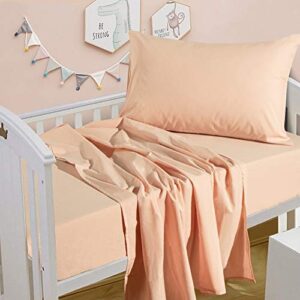 ntbay 3-piece washed cotton toddler sheet set, solid color crib fitted sheet flat sheet and envelope pillowcase, baby bedding sheet & pillowcase sets, blush pink