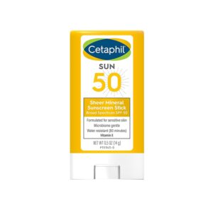 cetaphil sheer mineral sunscreen stick for face & body, 0.5oz, 100% mineral sunscreen: zinc oxide & titanium dioxide, broad spectrum spf 50, for sensitive skin