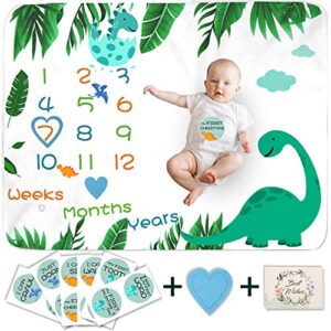 decoroca dinosaur baby monthly milestone blanket - perfect for celebrating your baby's growth - capture precious moments together (50" × 40" with 12 stickers)