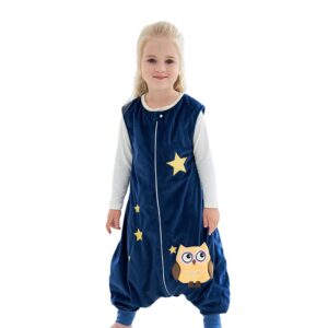 junneng baby boy girl fleece sleeveless sleep bag with feet kids cartoon onesie pajamas wearable blankets (navy blue owl, m/3-5 years)