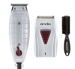 andis professional finishing combo, t-outliner beard/hair trimmer with t-blade, gray, model gto - cordless mens lithium battery titanium foil shaver (17195) - bundled with beauwis brush