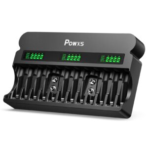 powxs rechargeable aa aaa 9v battery charger with 1800ma high-speed, 12 bay independent battery charger for 1.2v ni-mh ni-cd aa aaa 9v rechargeable batteries and 9v lithium ion(include ac cable)