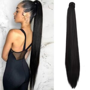 seikea 35 inch clip in ponytail extension wrap around long straight pony tail hair synthetic hairpiece for women - black