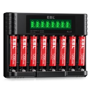 ebl aaa lithium rechargeable batteries, 8 pack 1.5v triple aaa batteries 1200mwh, over 1200+ cycles times with 1.5v & 1.2v universal aa aaa battery charger