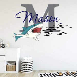 boys nursery great white shark bite! personalized custom name and initial vinyl wall decal, decor wall stickers (medium)