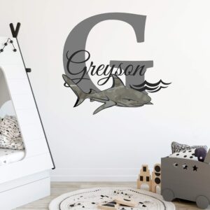 boys nursery baby shark beach sea theme personalized custom name and initial decal vinyl wall decal wall decor wall sticker (medium)