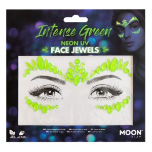 neon uv face jewels by moon glow - festival face body gems, crystal make up eye glitter stickers, temporary tattoo jewels (intense green)