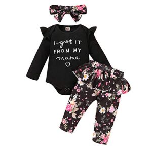 younger tree 3pcs newborn infant girls clothes baby girl fall outfits mustard yellow romper baby clothes gril winter outfits (12-18 months, black romper+floral skirt pants set)