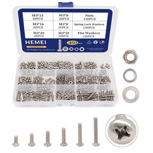 hemei 480pcs m3 phillips pan head bolt screws,phillips drive,full thread 304 stainless steel precise metric machine screws assortment kit with nuts flat washers lock washers and storage case