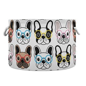 alaza round storage basket bin cute glasses french bulldog collapsible waterproof laundry hamper baby nursery basket organizer with handles for bedroom closet toys gifts