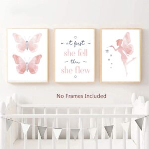 tiica 3 pcs pink butterflies nursery wall art prints, unframed watercolor baby girl inspirational quote wall decor artwork, 8"x10"