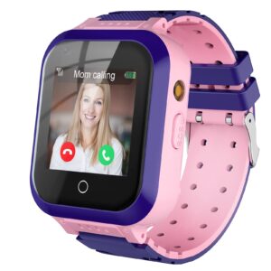 4g kids smart watches, ip67 waterproof lbs wifi gps tracker children smartwatch phone call for boys girls, touch screen cellphone camera voice video chat anti-lost sos learning toy (pink)