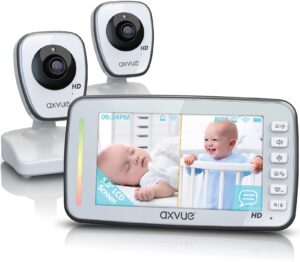 axvue hd video baby monitor, 720p hd image quality, 5.0" ips screen monitor & 2 camera, range up to 1000ft, 24 hour battery life, 2-way talk, split screen, night vision, temperature monitor, no wifi.