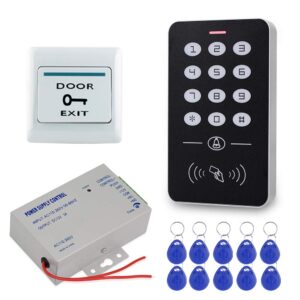 hfeng access control system kit 125khz rfid keypad + dc12v 3a power supply controller + door exit button + 10pcs keyfobs card for home alarm wooden/metal/glass door