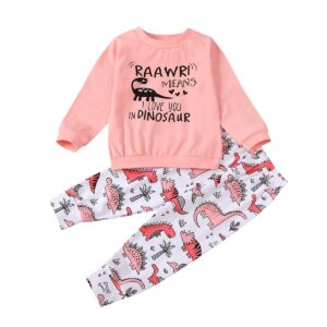 boutikome toddler baby girls clothes sets little girl dinosaur long sleeve shirts tops + pants 2pcs fall winter outfits(pink,3t)