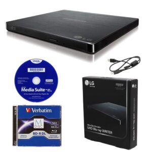 produplicator lg bp60nb10 portable 6x ultra hd 4k blu-ray burner external drive with cyberlink software, 50gb m-disc bd-r dl, and usb cable - burns cd dvd bd dl bdxl discs