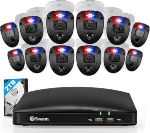 swann home dvr security cam system with 2tb hdd, 16 channel 12 camera, 1080p video, indoor or outdoor wired surveillance cctv, color night vision, heat motion detection, led lights, 16468012