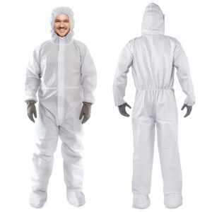 amz white hazmat suits, small. pack of 5 lightweight microporous disposable coveralls with hood, boots, elastic wrist, lower back, zipper. breathable durable 60 gsm painters suit disposable