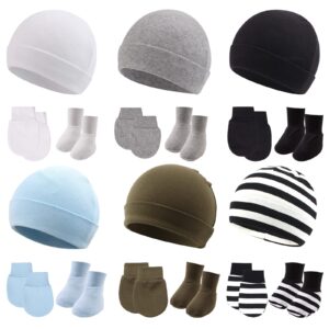 pesaat newborn boy beanie 0-6 months cotton baby girls hats mittens autumn winter newborn hospital hat (6 colors（hat,gloves,socks）)