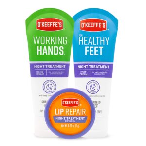 o'keeffe's night treatment combo pack including working hands night treatment hand cream, healthy feet night treatment foot cream and lip repair night treatment lip balm