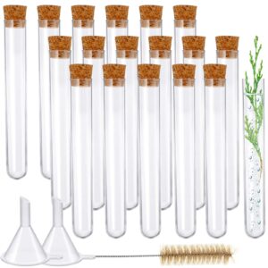 weewooday 20 pieces plastic test tubes with cork stoppers and 2 funnels, 1 brush for halloween science party, christmas candy bath salt storage containers (15 x 100 mm, 10 ml)