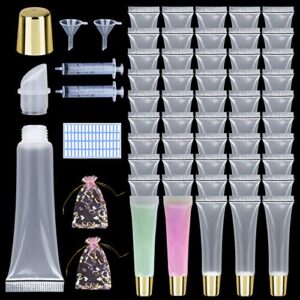 aerroll 50pcs 15 ml gold cap empty lip gloss tubes, clear lipgloss squeeze tubes with free labels stickers+20ml syringe+funnel+gift bags, for diy lip gloss balm cosmetic (gold top x 50pcs)