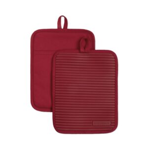 kitchenaid ribbed soft silicone pot holder 2-pack set, passion red, 7"x9"