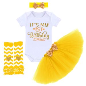 baby girls half 1st 2nd birthday cake smash outfits one year princess party short sleeve romper bodysuit + tulle tutu skirt + sequin bowknot headband + stripes leg warmer clothes set 4pcs yellow 1st