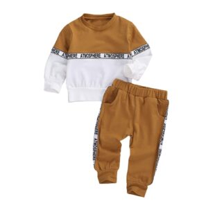 arvbitana unisex toddler baby boy girl spring fall winter clothes long sleeve t-shirt tops+long pants two piece solid outfit (d-two piece khaki brown, 3-4t)