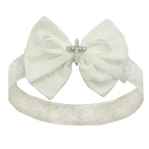 white baby bow headband for baptism christening satin lace hair band with cross for toddler (a-off white bow headband, 6 months-2 years old)