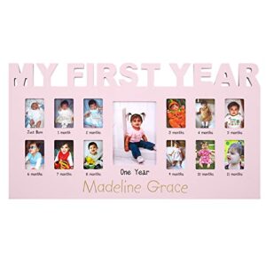 let's make memories personalized baby's first 12 months photo frame- new parents- newborn- nursery - pink