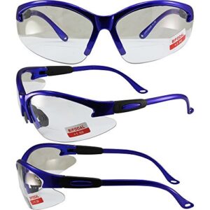 global vision contender bifocal safety glasses for men or women blue frame with clear lens ansi z87+ 1.0 to 2.5 (2.50)