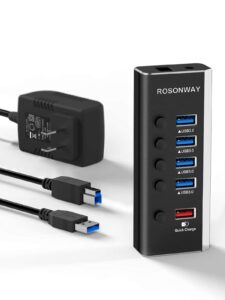 powered usb hub rosonway aluminum 5 port usb hub expander with 4 usb 3.0 data ports and 1 fast charging port, usb hub 3.0 splitter with 24w(12v/2a) power adapter and individual switches (rsh-a35)