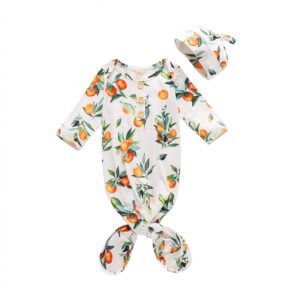 moru infant baby girls cotton sleeper gowns organic cotton floral kimono knotted gown (orange, 0-6 months)