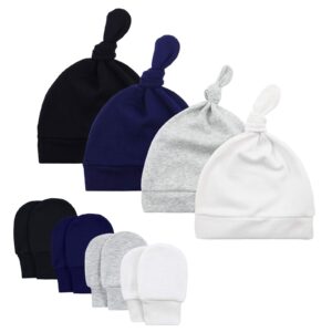 american trends baby hat mittens newborn hats for boys baby hats 0-6 months winter beanie caps 4 pack black white gray navy