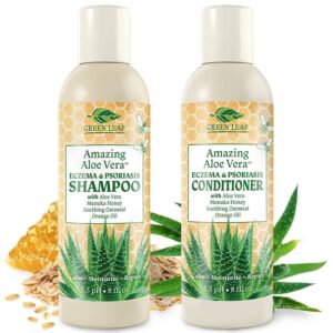 eczema & psoriasis shampoo & conditioner set for men & women - aloe vera & manuka honey for gentle itchy, dry scalp treatment - dandruff, seborrheic dermatitis, sulfate-free, hypoallergenic 8oz each