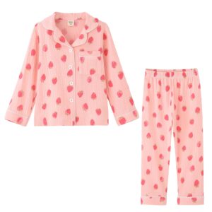 acestar toddler baby girl pajama set, boys long sleeve 100% cotton sleepwear 2 piece pjs set for kid - button down loungewear (pink strawberry, 6t)