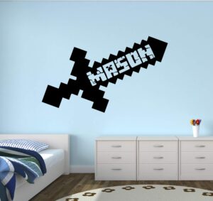 custom video gamer name wall decal - gaming sword wall decal - bedroom kids wall decor sword boy art mural vinyl sticker (22"w x 14"h)