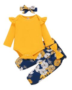 baby girl outfit 3-6 month girl clothes infant yellow ruffle long sleeve romper bodysuit floral pants set baby girl fall clothes 2 pieces outfit