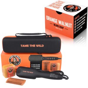 tame's elite beard straightener and tame's orange walnut beard soap bundle