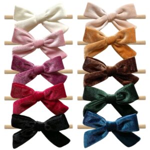 cherssy baby girl 4" velvet hair bows and headbands, 10pcs nylon hairbands elastic hair accessories for newborn, infant, toddlers