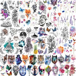 yezunir 6 sheets watercolor flower temporary tattoos for women girls small lavender sweetpea diamond glitter face fake tattoos temporary women rose floral geometric butterfly feather birds tatoos set