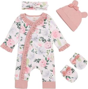 grnshts newborn girl floral jumpsuit baby girl long sleeve ruffle romper overall coming home outfits (pink2, newborn)