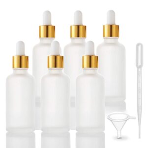 6 pack,frosted glass dropper bottle for essential oils,empty glass liquid holder with glass eye dropper,golden caps travel perfume cosmetic container-pipette&funnel included (50ml/1.7 fl oz)