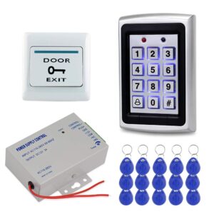 hfeng door access control system kit 125khz rfid keypad metal case + dc12v 3a power supply controller + door exit button + 10pcs keyfobs (without lock)