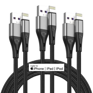 3pack [ apple mfi certified ] 6ft iphone charger cable, lightning cord nylon braided charging cables 6 foot for iphone 13/12/11/pro/xs/xs max/xr/x/8 plus/7 plus/6 plus/ipad/ipod/mini/air(grey)