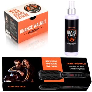 tame's beard straightener for men - hair and beard armor - orange walnut beard soap - bundle.